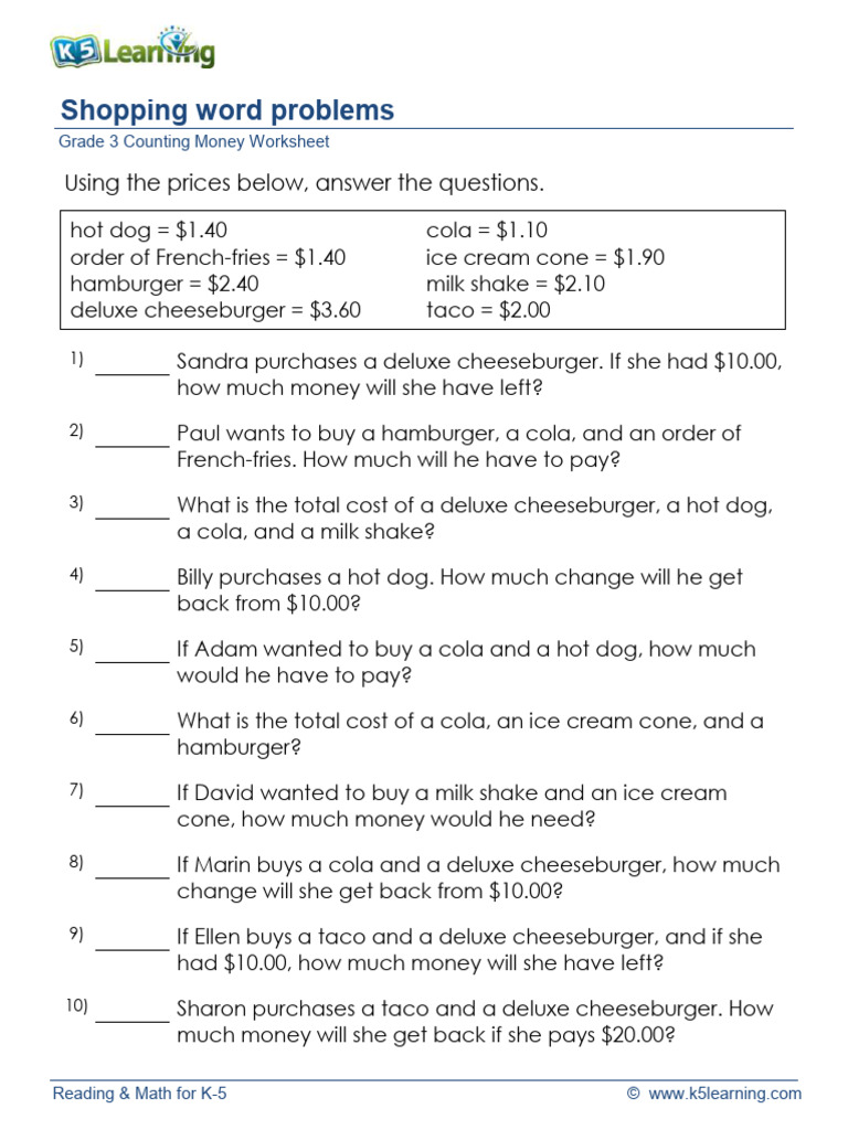 Grade 3 Shopping Word Problems | PDF | Fast Food | Convenience Food