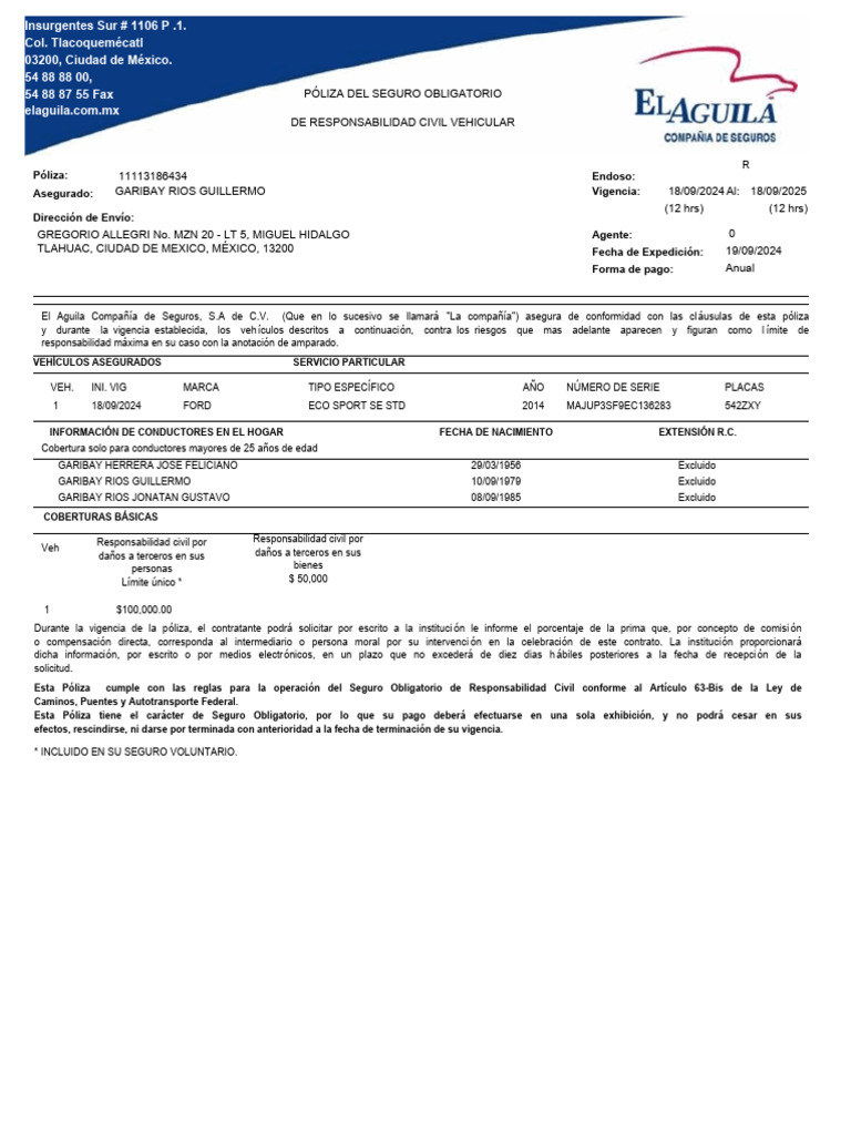 Seguro Obligatorio Vehicular CDMX 2024-2025 | PDF | Póliza de seguros ...
