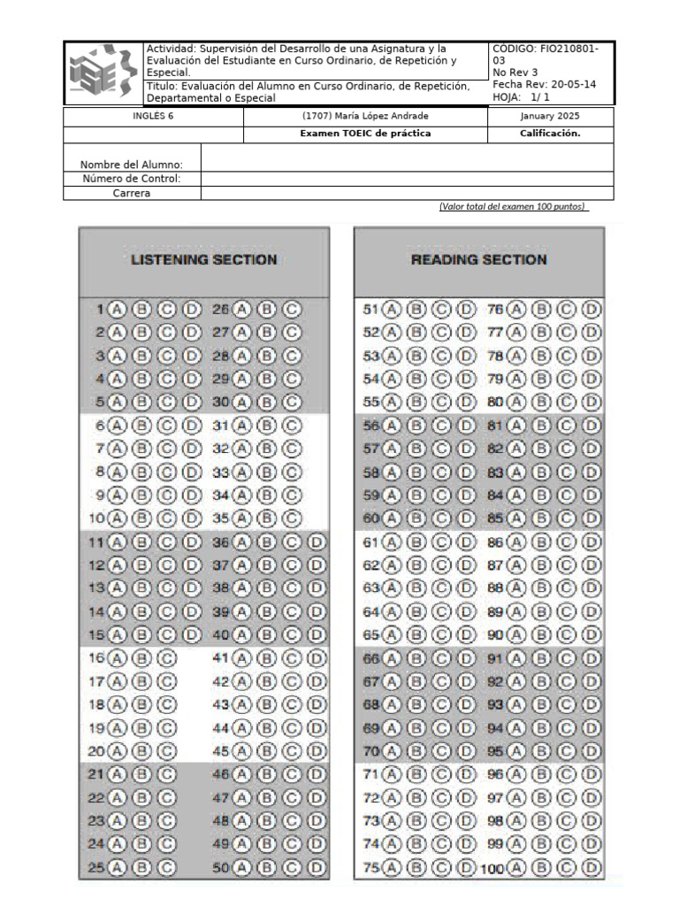 Hoja Respuestas TOEIC | PDF