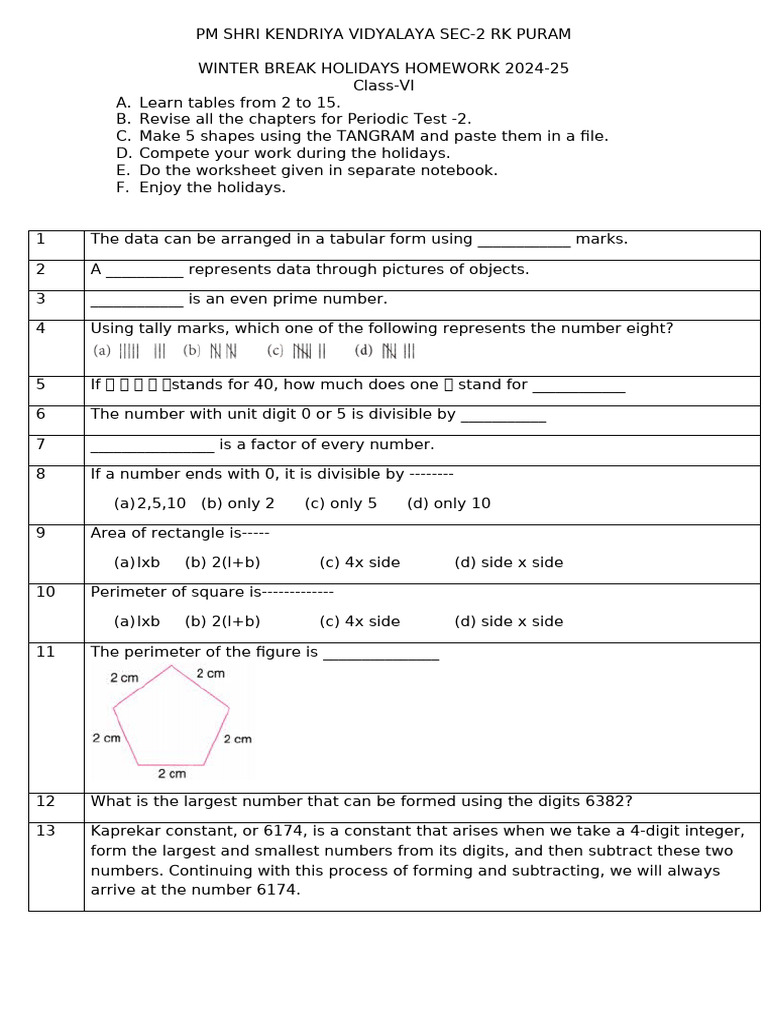 Winter Homework for Class VI 2024-25 | PDF | Area | Elementary Mathematics