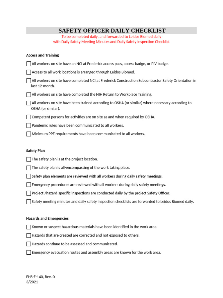 EHS-F-140 Safety Officer Daily Checklist | PDF