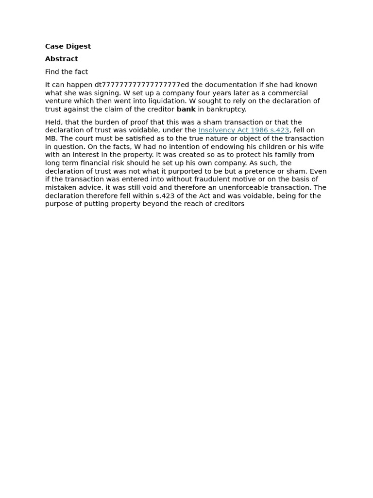 Case Digest: Insolvency Act 1986 s.423 | PDF