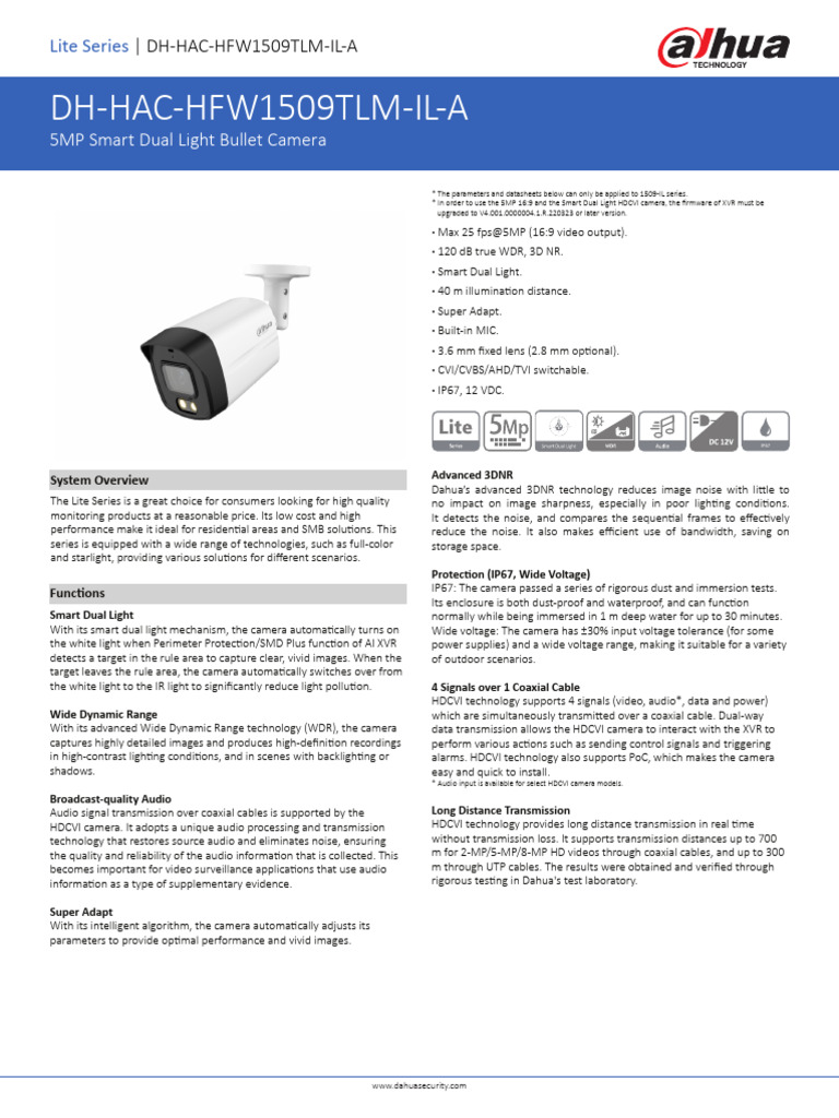 DH HAC HFW1509TLM IL A - S2 - Datasheet - 20240725 | PDF | Camera | Video