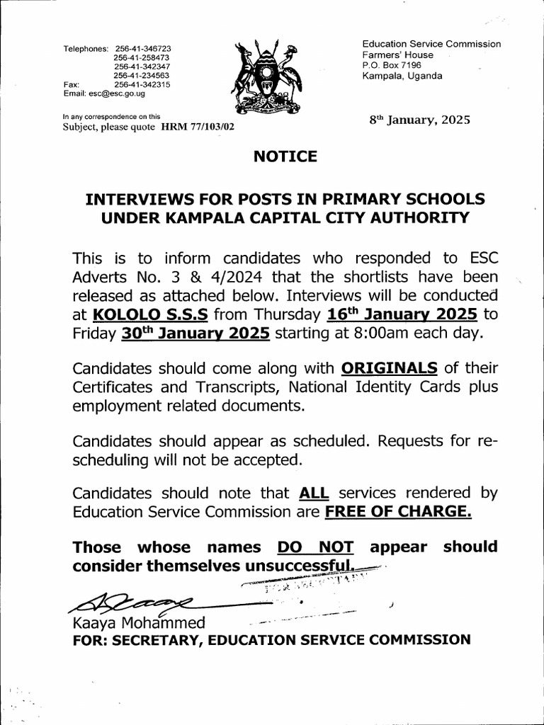 Board L Kcca Interviews Jan 2025 | PDF