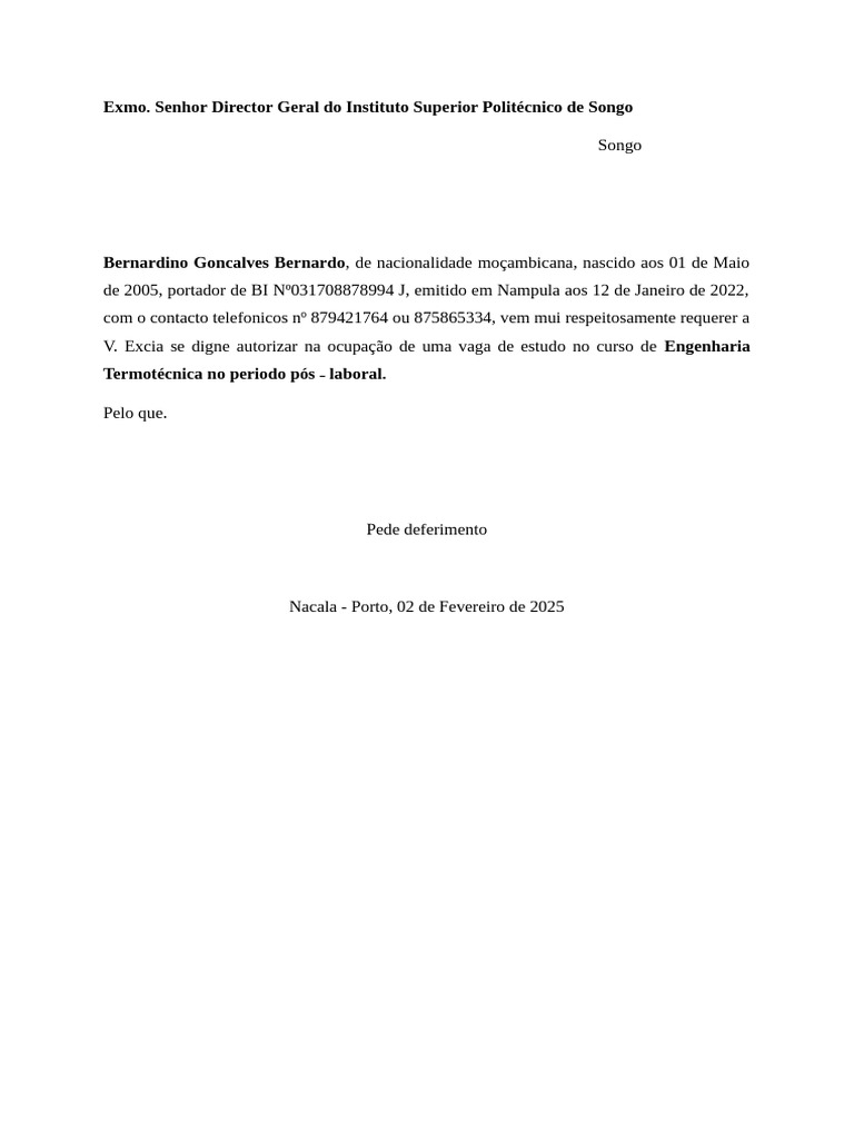 Requerimento de Vaga em Engenharia | PDF