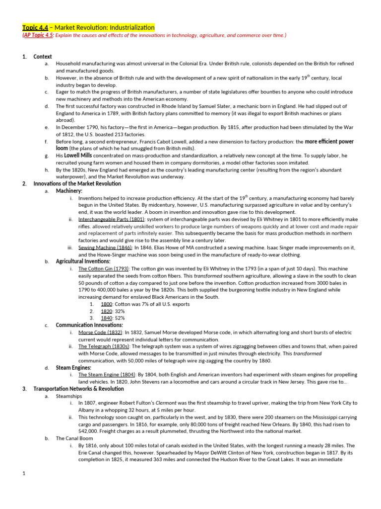 AP Market Revolution Overview | PDF | Cotton | Steamboat