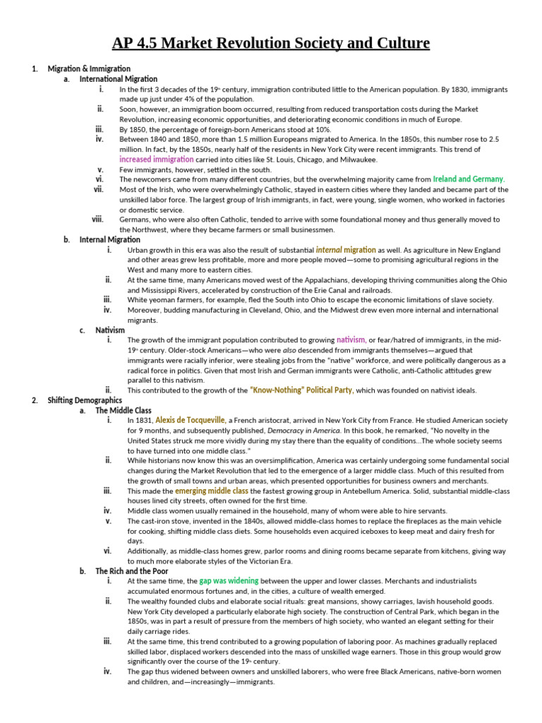 AP 4.5 Market Revolution Society and Culture | PDF | Immigration ...