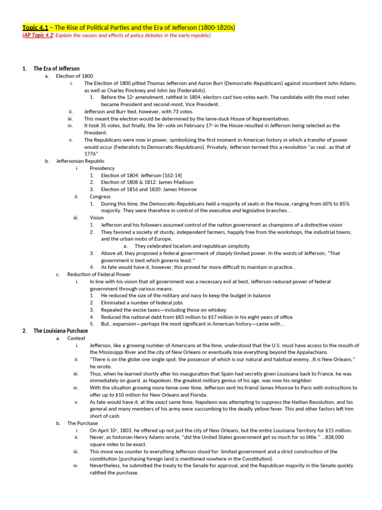 Topic 4.1 - The Rise of Political Parties and The Era of Jefferson ...
