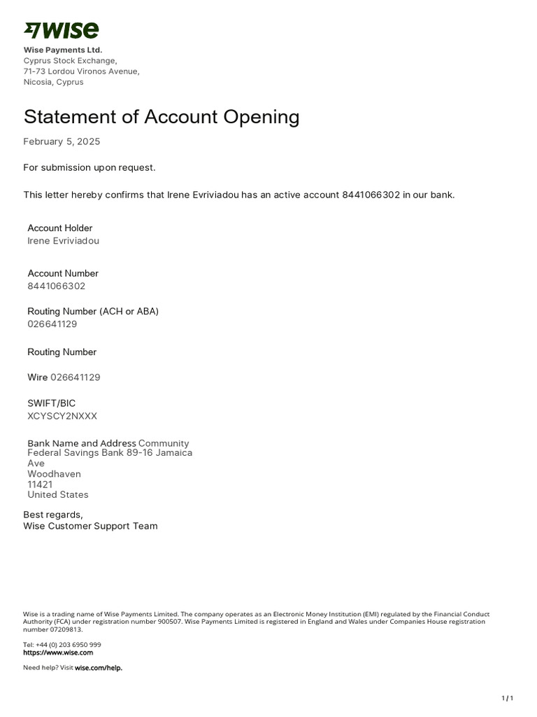 Wise Account Opening Confirmation | PDF