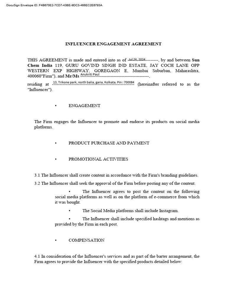 Influencer Engagement Agreement Template | PDF | Indemnity | Common Law