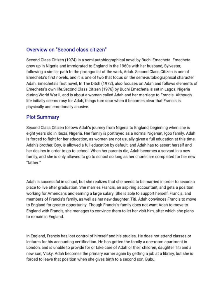 Overview and Summary of Second Class Citizen | PDF