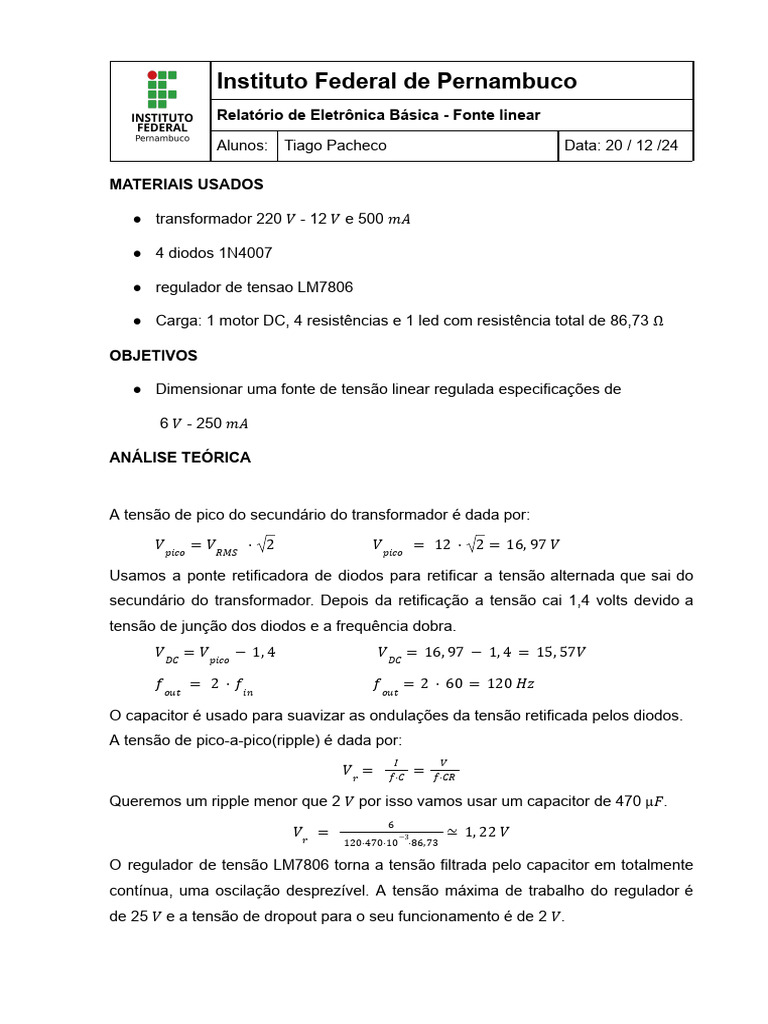 Fonte Linear Regulada: Relatório de Eletrônica | PDF