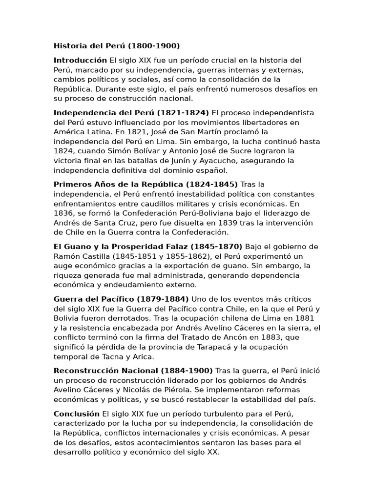 Historia del Perú: 1800-1900 Resumen | PDF