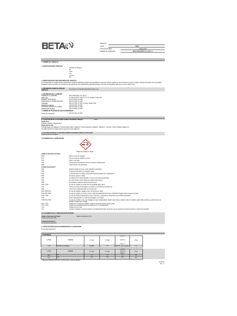 Hoja de Seguridad de Perichlor S | PDF | Peróxido de hidrógeno ...