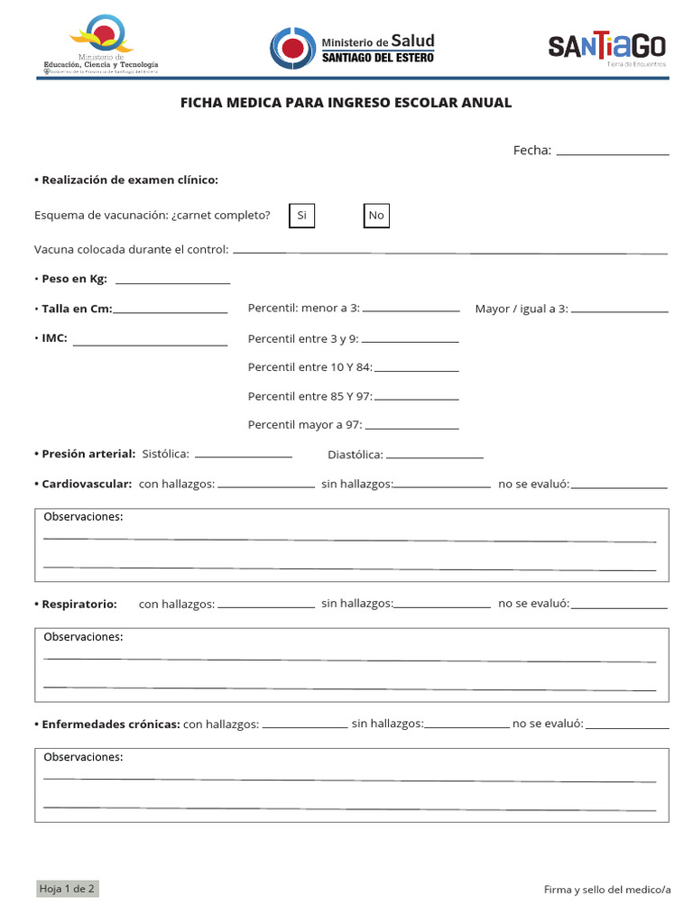 Ficha Médica Escolar Anual Santiago del Estero | PDF | Medicina ...
