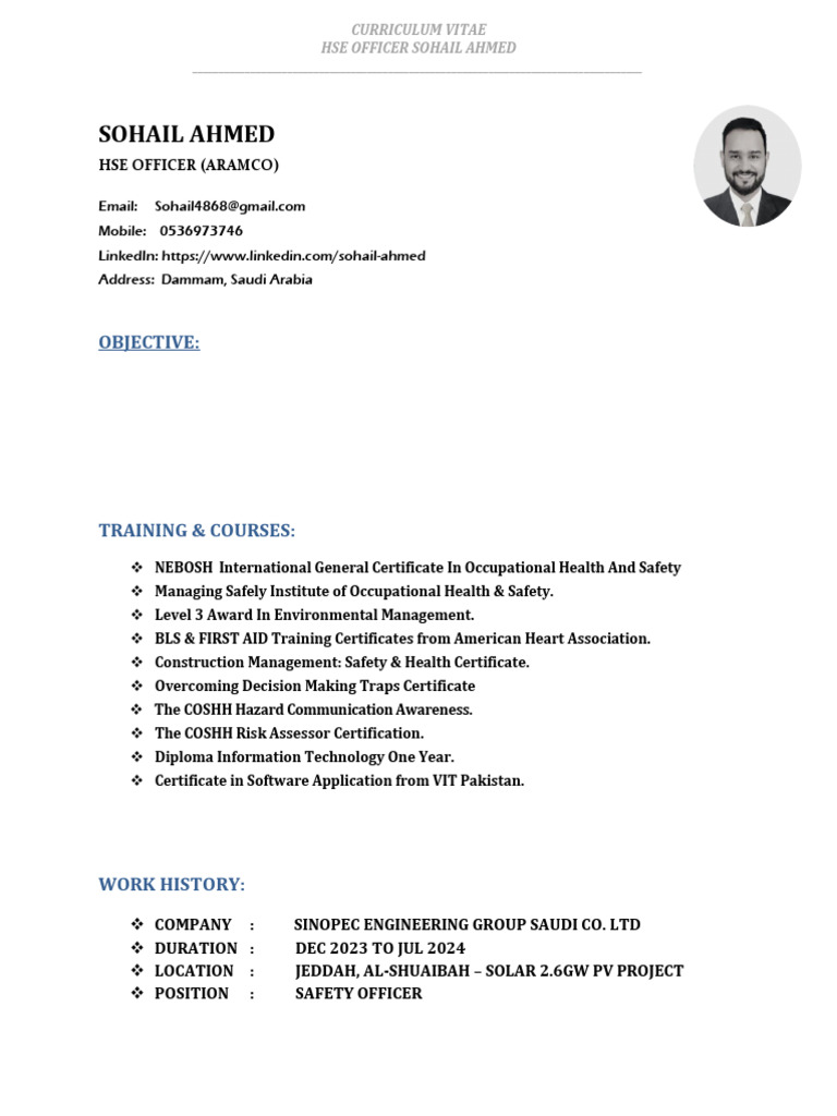 Hse Officer Sohail Ahmed - Aramco | PDF | Safety | Occupational Safety And Health