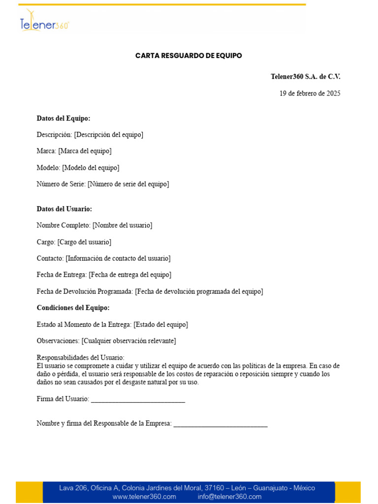 Carta Resguardo de Equipo Telener360 | PDF