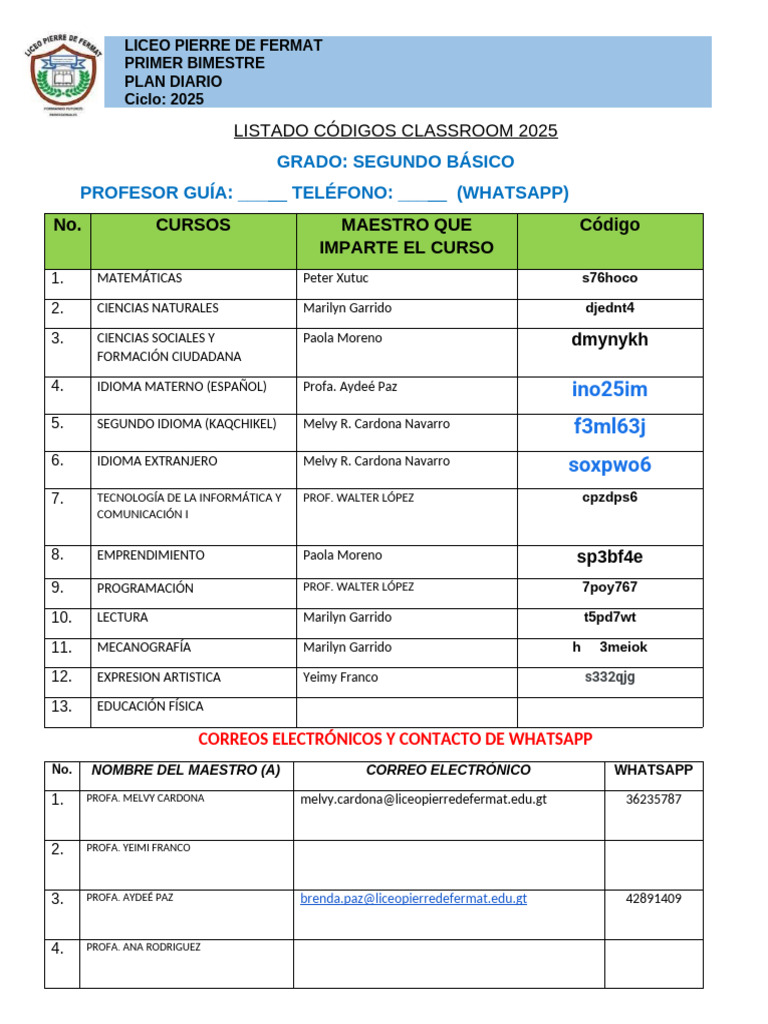Códigos Classroom Segundo Básico 2025 | PDF