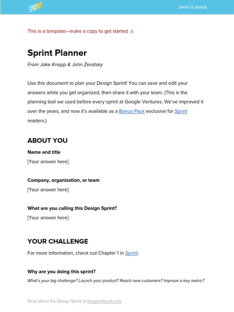Official Sprint Planner from Jake Knapp & John Zeratsky | PDF