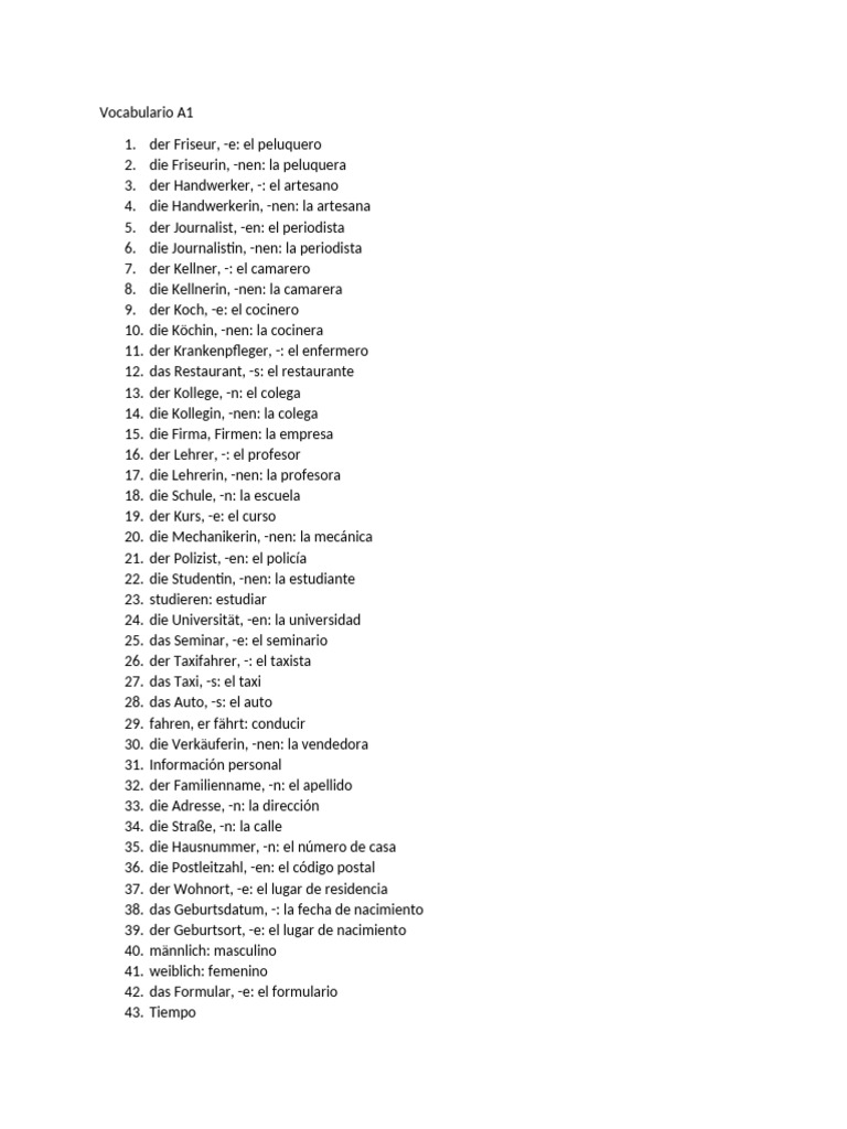 Vocabulario A1: Profesiones y Más | PDF
