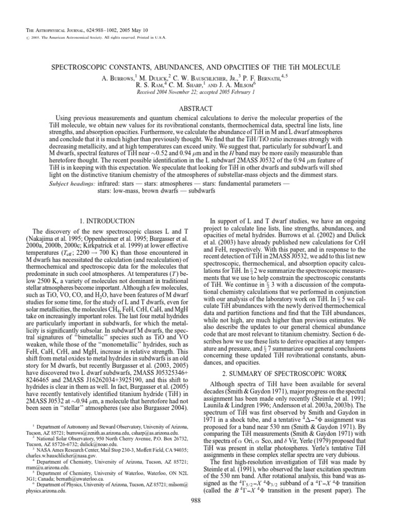 A. Burrows Et Al - Spectroscopic Constants, Abundances, and Opacities of The TiH Molecule | PDF ...