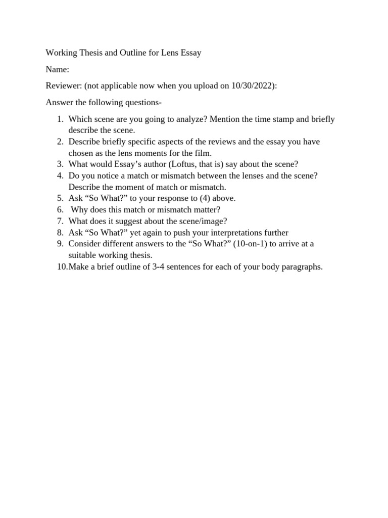 Lens Essay Thesis and Outline Guide | PDF
