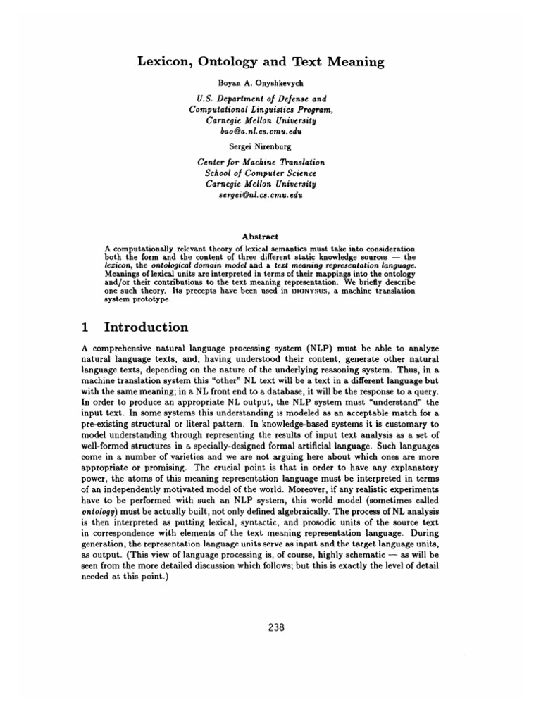 Lexicon, Ontology and Text Meaning | PDF | Semantics | Lexicon