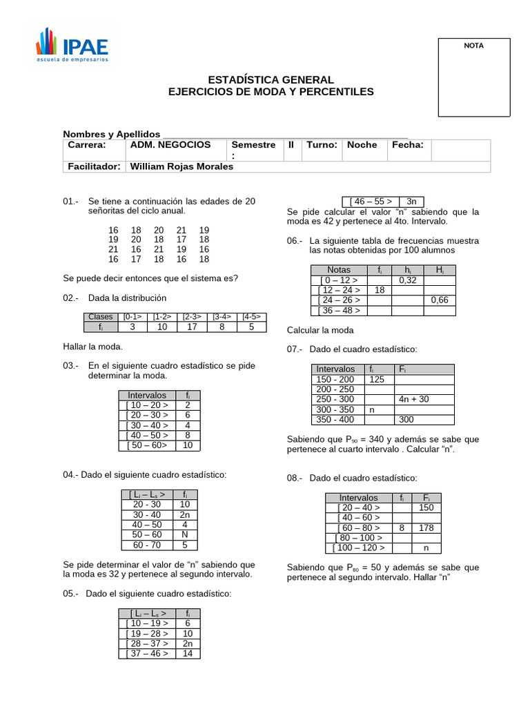 Ejercicios de Moda y Percentiles | PDF