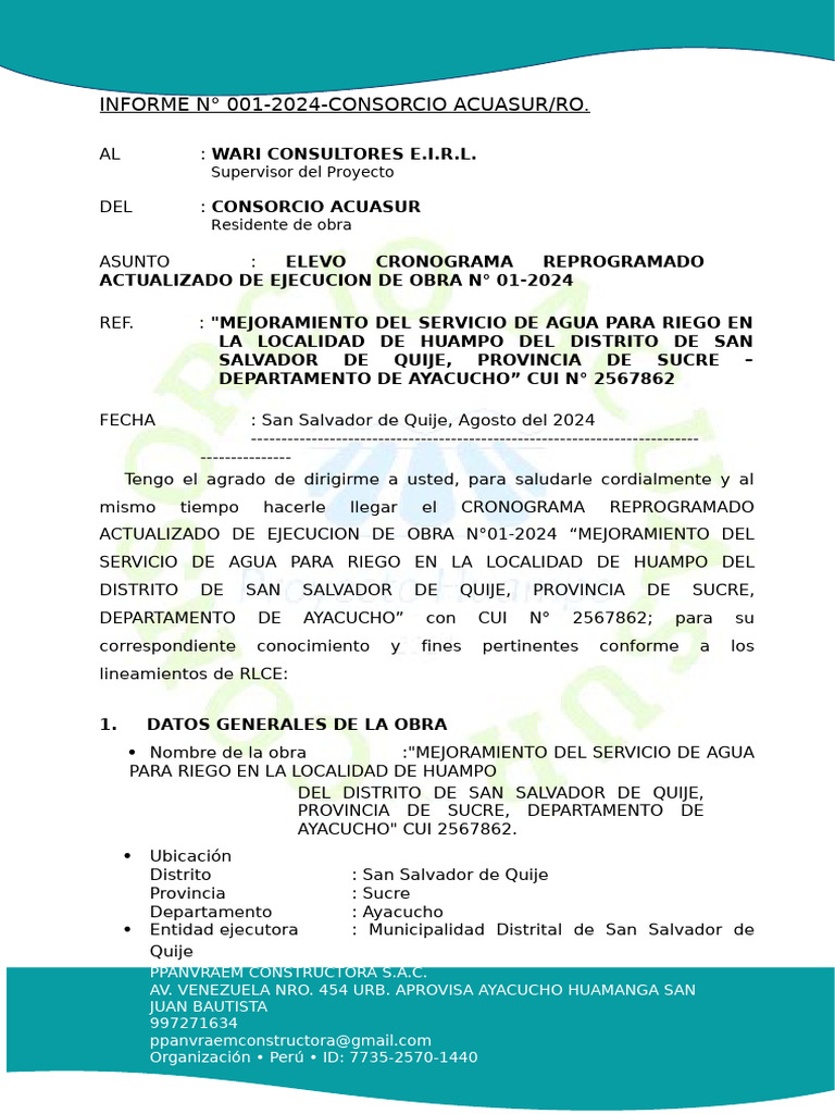 Inf. Cronograma Huampo | PDF | Agua | Suministro de agua