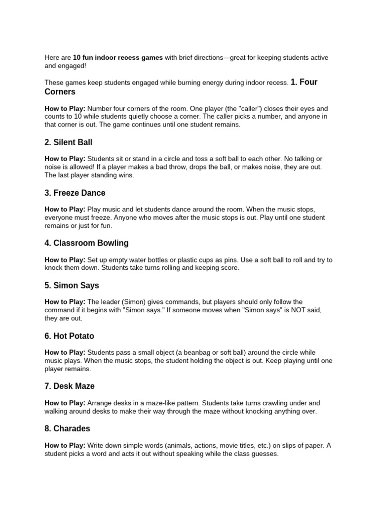 10 Indoor Recess Games With Directions | PDF
