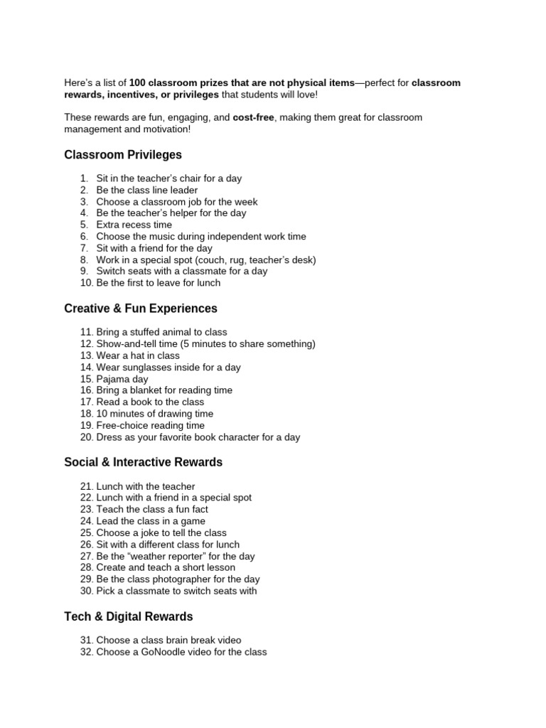 List of Classroom Privilege Prizes | PDF | Classroom | Teachers