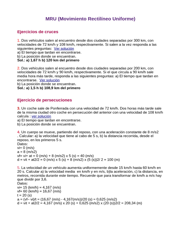 ejercicos mru y mrua | PDF