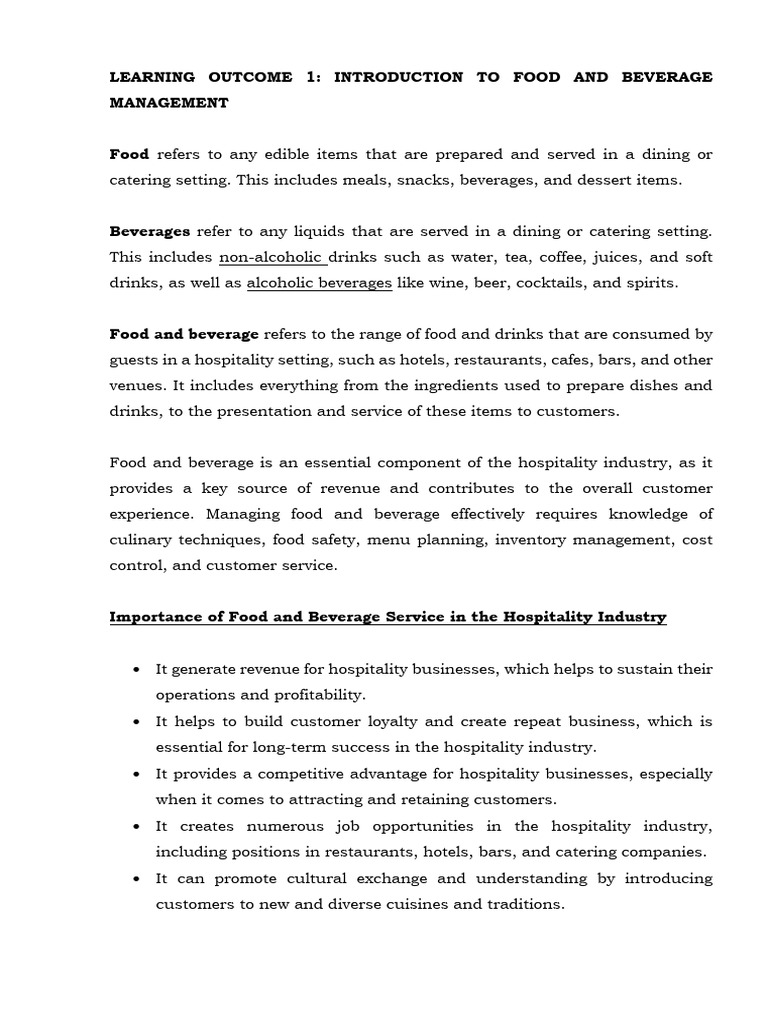 Food and Beverage Management Overview | PDF | Menu | Wine