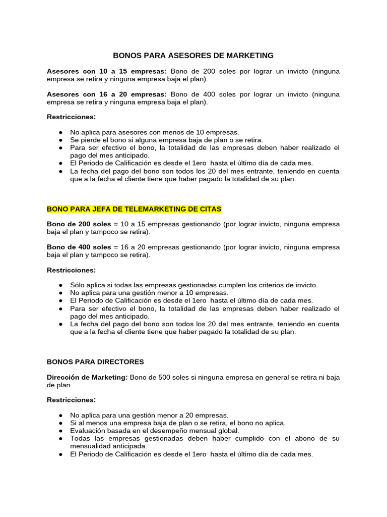 Bonos para Asesores de Marketing | PDF | Marketing | Business