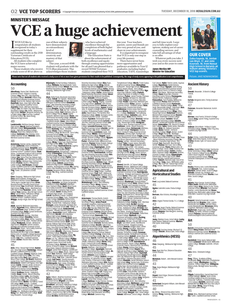 2018 VCE Top Scorers List | PDF | Schools