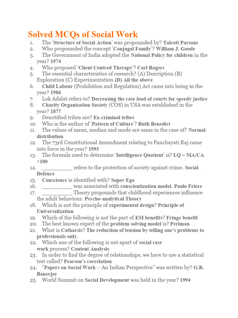 Social Work MCQs: Key Concepts & Facts | PDF | Social Work | Sampling ...