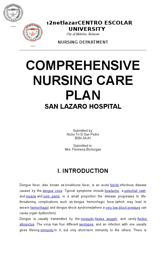 Comprehensive Nursing Care Plan: San Lazaro Hospital