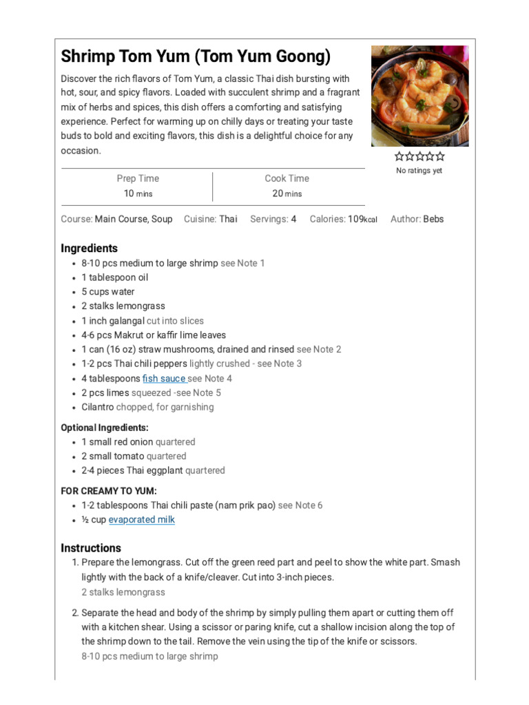 Authentic Shrimp Tom Yum Recipe | PDF | Fat | Thai Cuisine