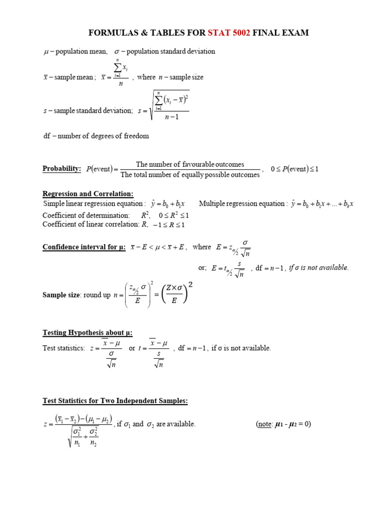 STAT 5002 Final Exam Formulas | PDF | Linear Regression | Applied ...