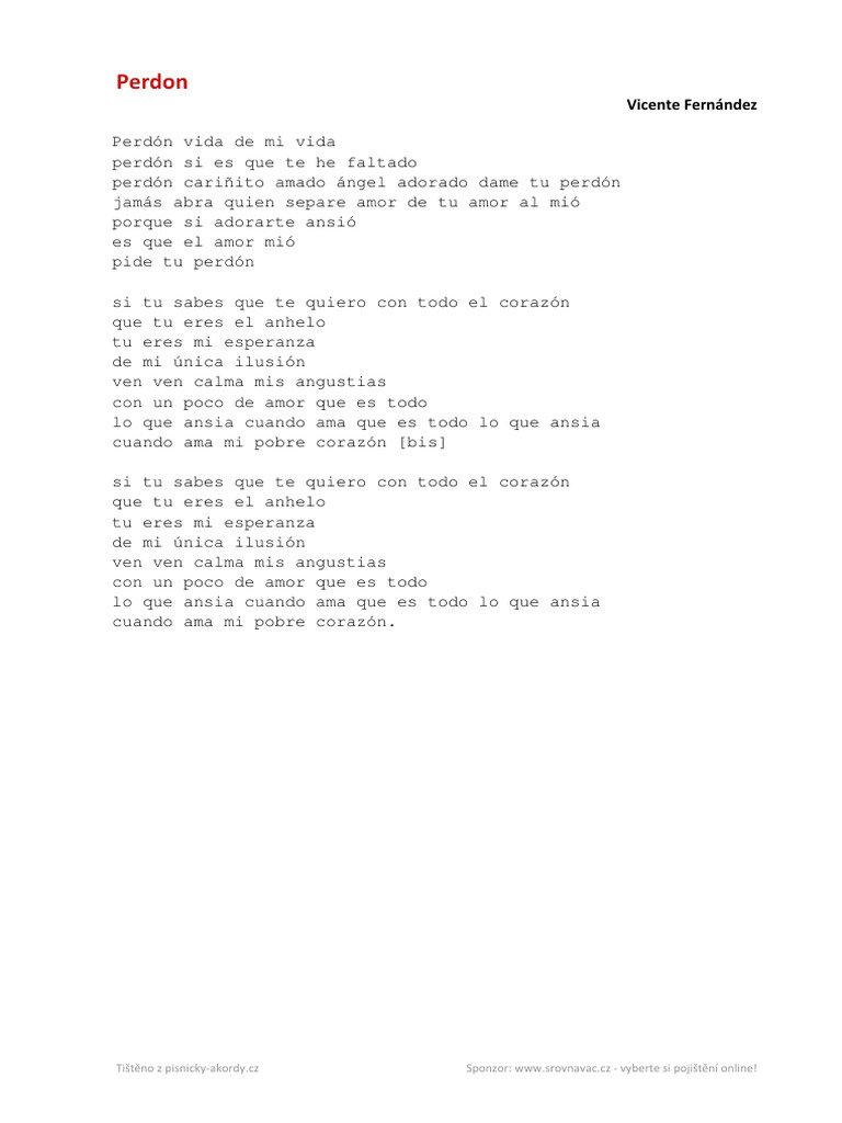 Letras de "Perdón" de Vicente Fernández | PDF