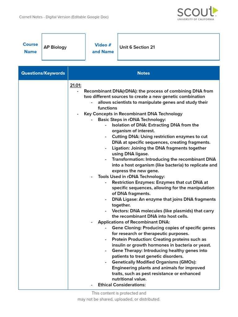 Editable Cornell Notes on rDNA & PCR | PDF | Recombinant Dna | Gel ...