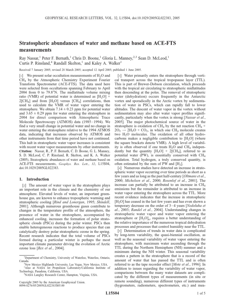 Ray Nassar Et Al - Stratospheric Abundances of Water and Methane Based ...