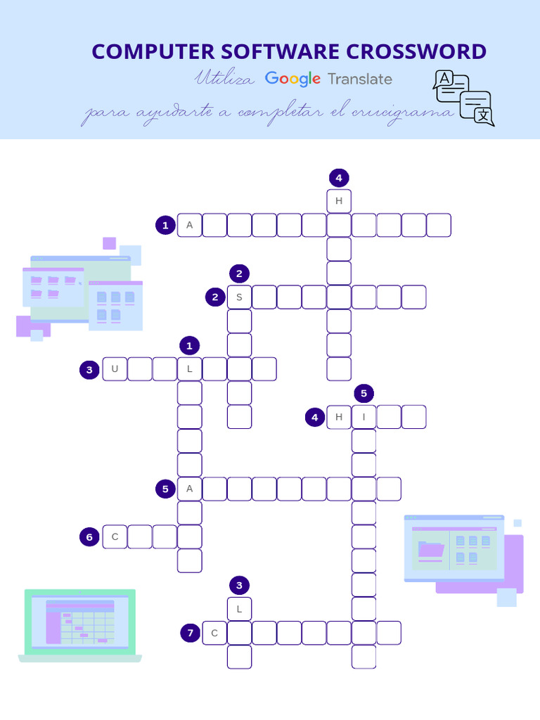 Computer Software Crossword Worksheet in Purple White Bold Style | PDF