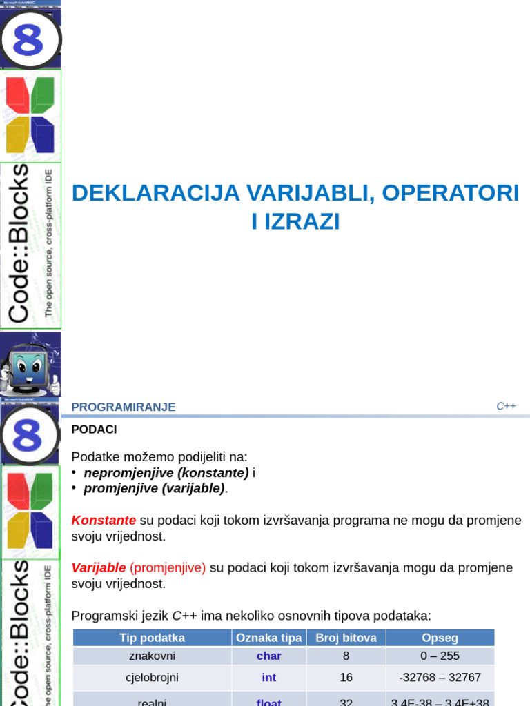 22_Deklaracija varijabli, operatori i izrazi | PDF