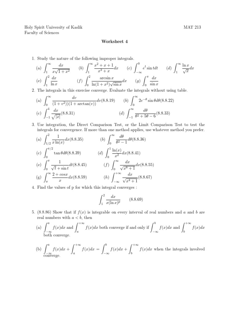 Exercises Sheet 3 - Improper Integrals (1) | PDF | Mathematical Analysis | Area