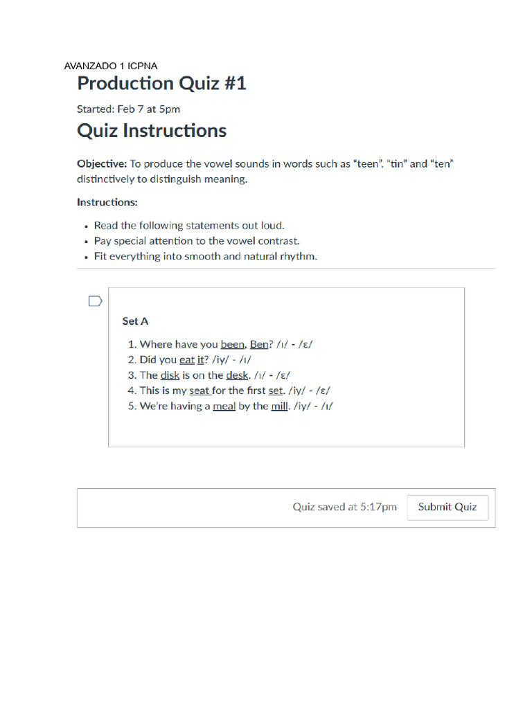 Production QUIZ #1 AVANZADO 1 ICPNA | PDF