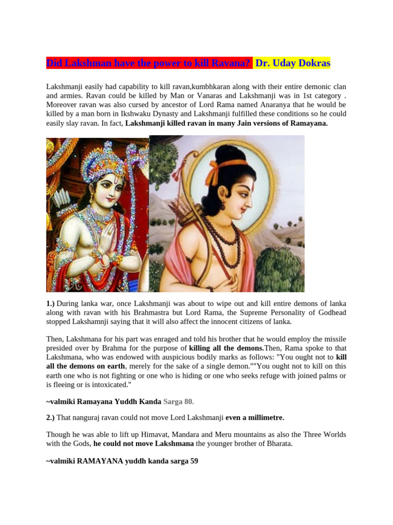 Could Laxman Have Killed Ravana | PDF | Rama | Ramayana