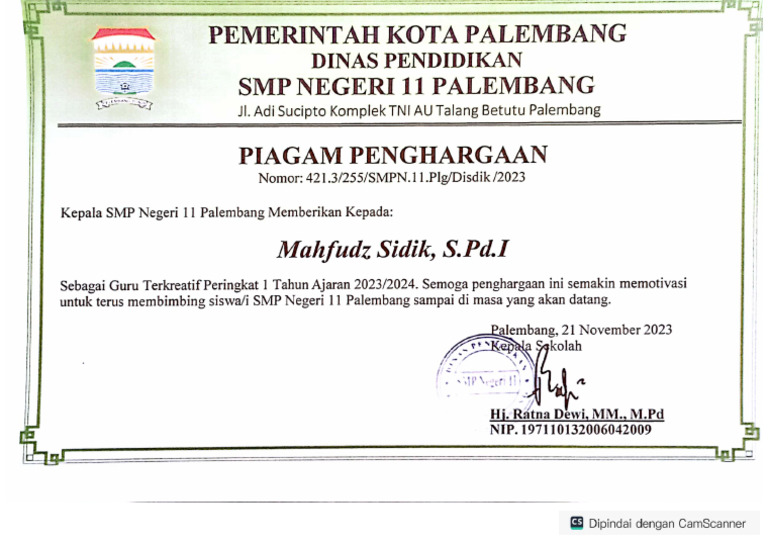 PIAGAM PENGHARGAAN GURU TERKREATIF PERINGKAT 1 TAHUN 2023 | PDF