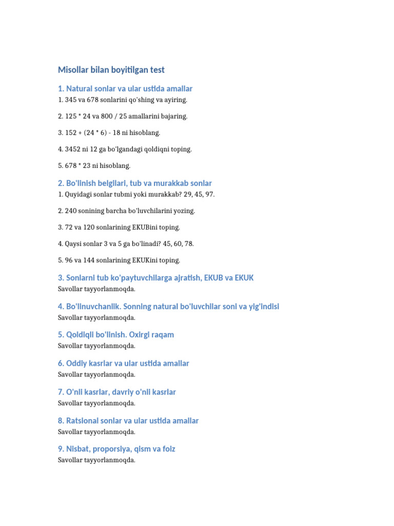 Misollar Bilan Test | PDF