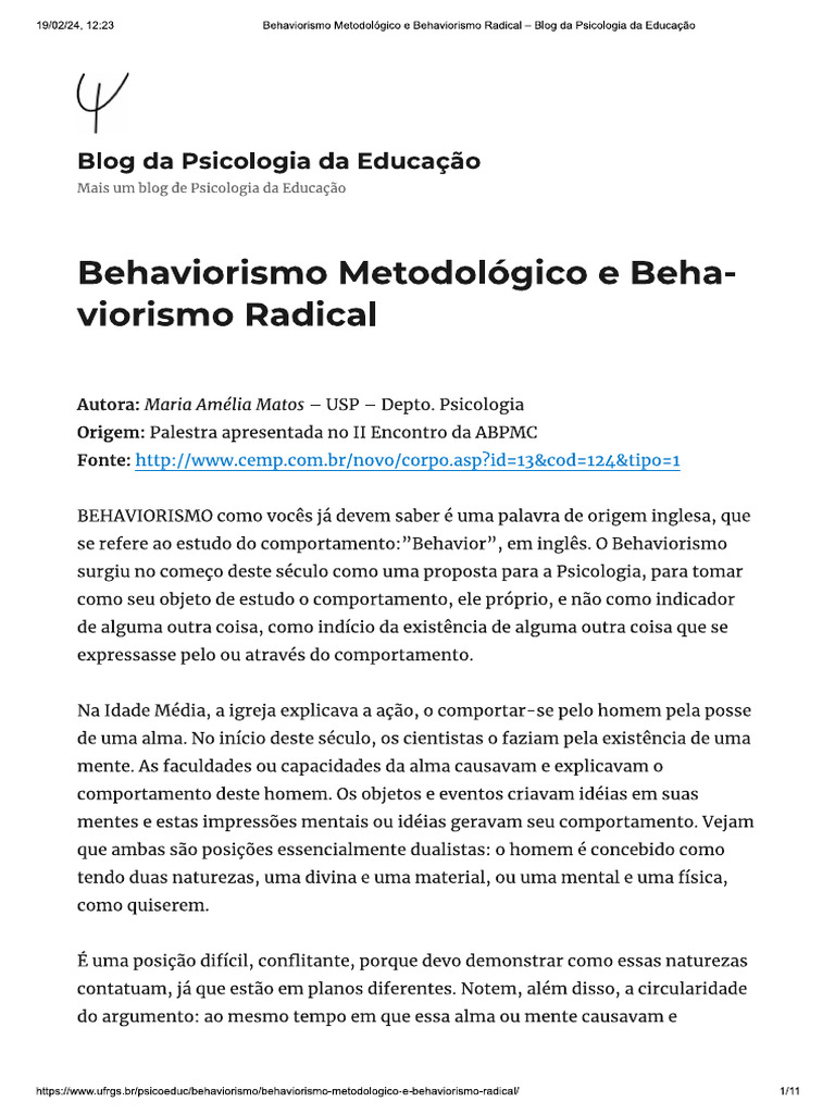 Behaviorismo Metodológico e Behaviorismo Radical | PDF